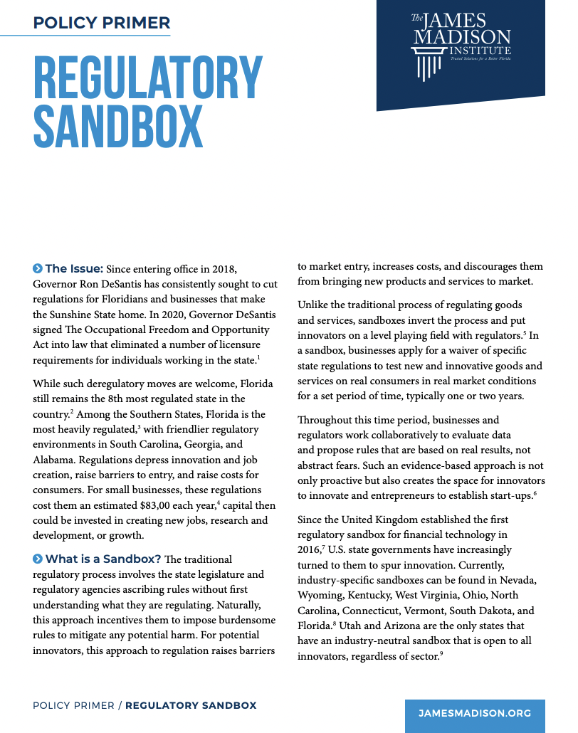 Policy Primer: Regulatory Sandbox - James Madison Institute